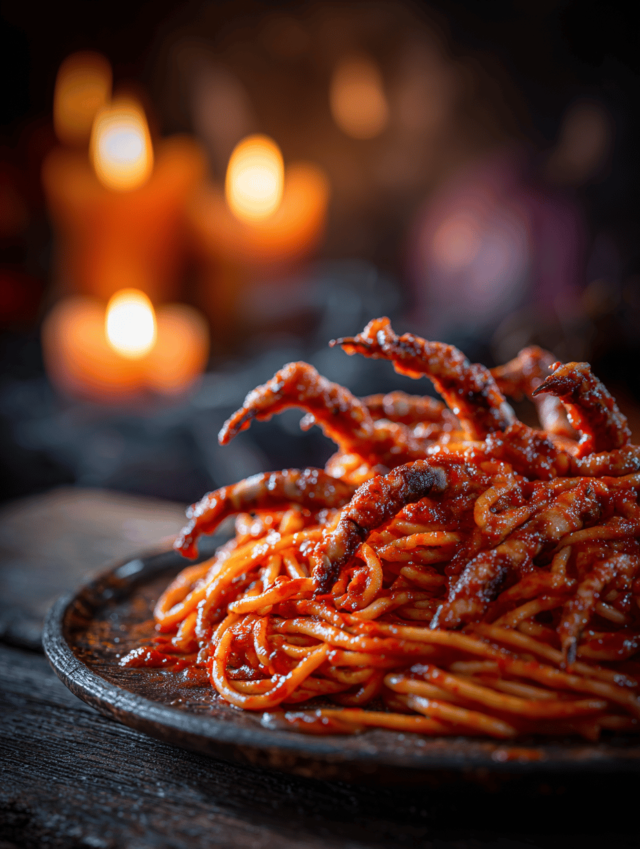 Halloween Bloody Spaghetti with Sausage Fingers — A Ghoulish Feast for ...